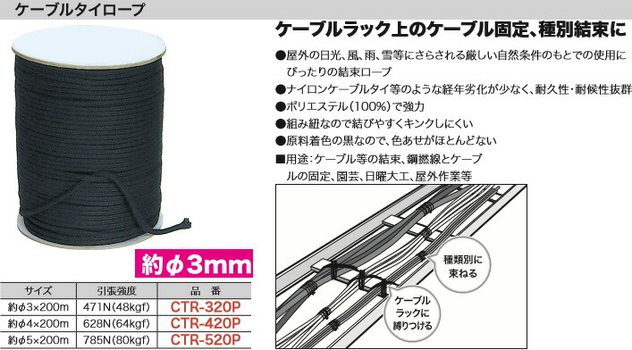 【楽天市場】CTR-320P ジェフコム ケーブルタイロープ(約φ3×200m)：タロトデンキ