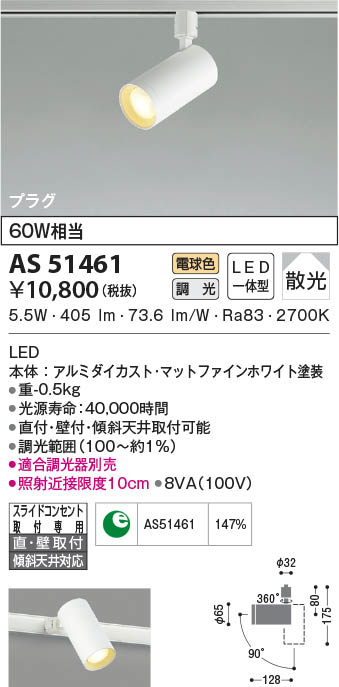 【楽天市場】AS51461 コイズミ照明 LEDスポットライト 電球色 位相調光 散光 直付・壁付取付：タロトデンキ