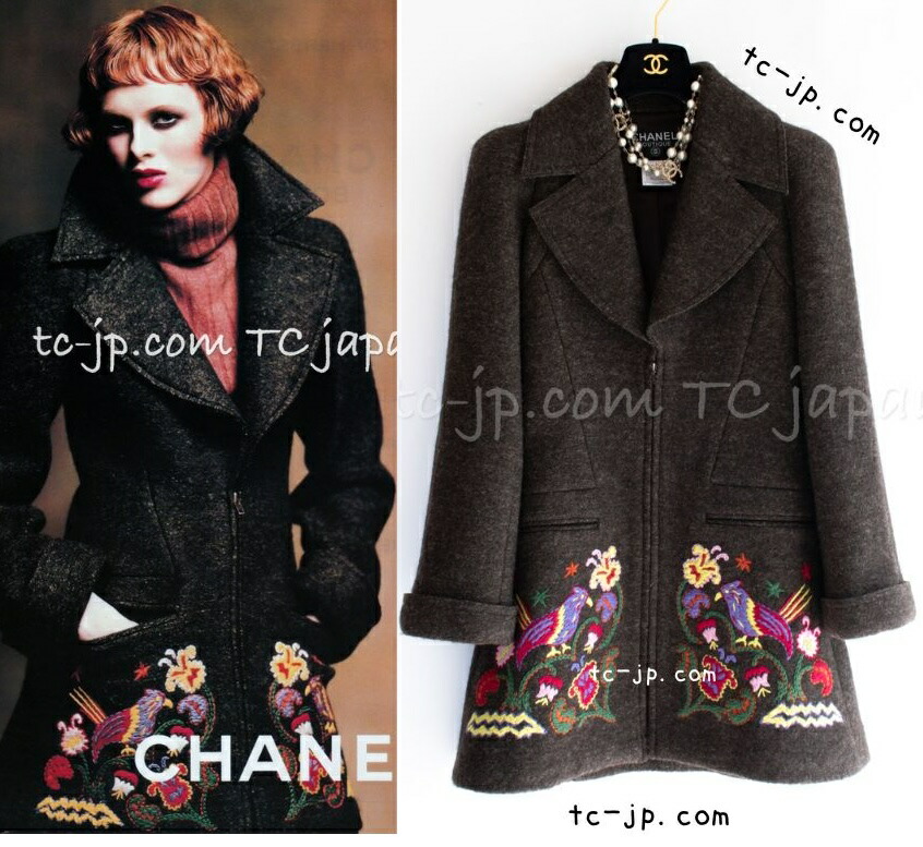 【楽天市場】[中古] シャネル コート CHANEL ヴィンテージ チャコール チョコ ブラウン 鳥花刺繍 ジッパー ウール ツイード CC ...