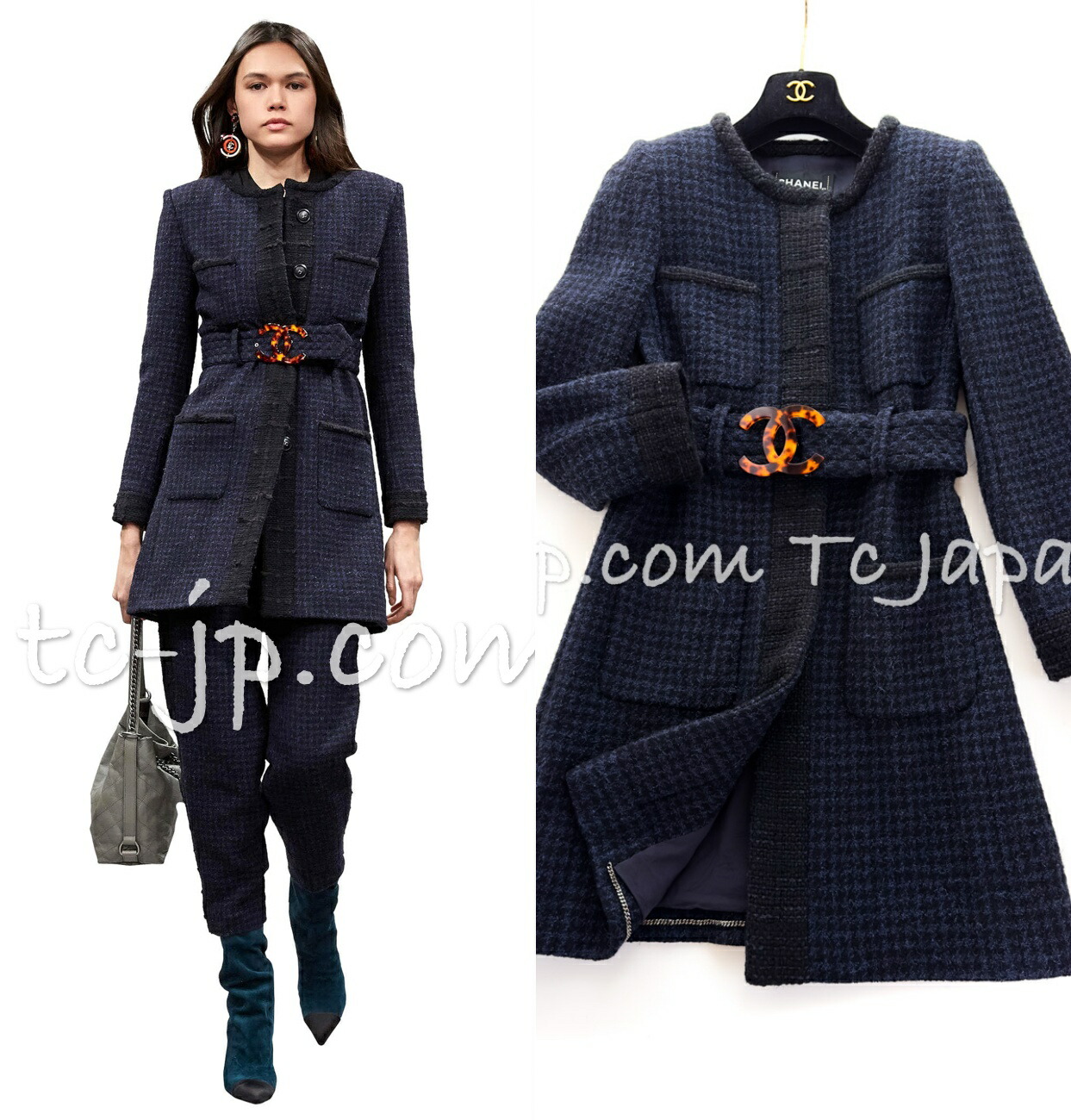 【楽天市場】[中古] シャネル ジャケット コート CHANEL ネイビー ブラック ビッグ CC ロゴ ベルト付 ノーカラー 貴重 新品同様 ...