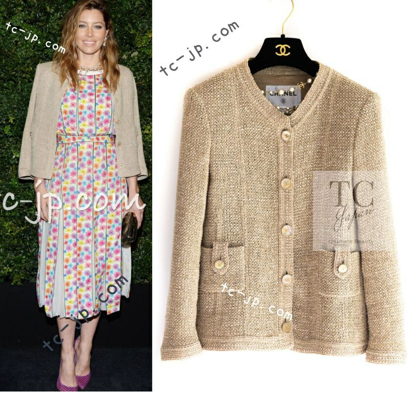 【楽天市場】[中古] シャネル ジャケット CHANEL 一番人気 ベージュ 豪華 CC パール ボタン コットン ノーカラー カール ...