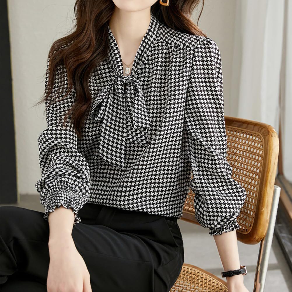 【楽天市場】【P2倍！3532円→実質3461円 11/27 01:59まで】千鳥柄 ブラウス レディース シャツ 長袖 リボン付き パフ ...