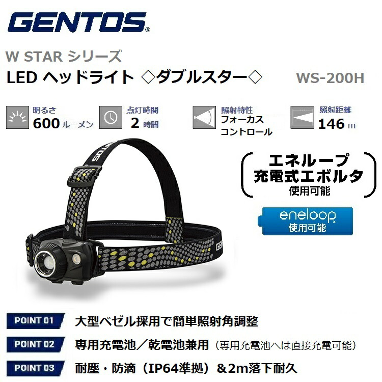 【楽天市場】【RSL】GENTOS/ジェントス W STAR シリーズ LED ヘッドライト/ダブルスター シリーズ【明るさ 600-30ルーメン/実用点灯2-20時間/専用充電池・乾電池 単 ...