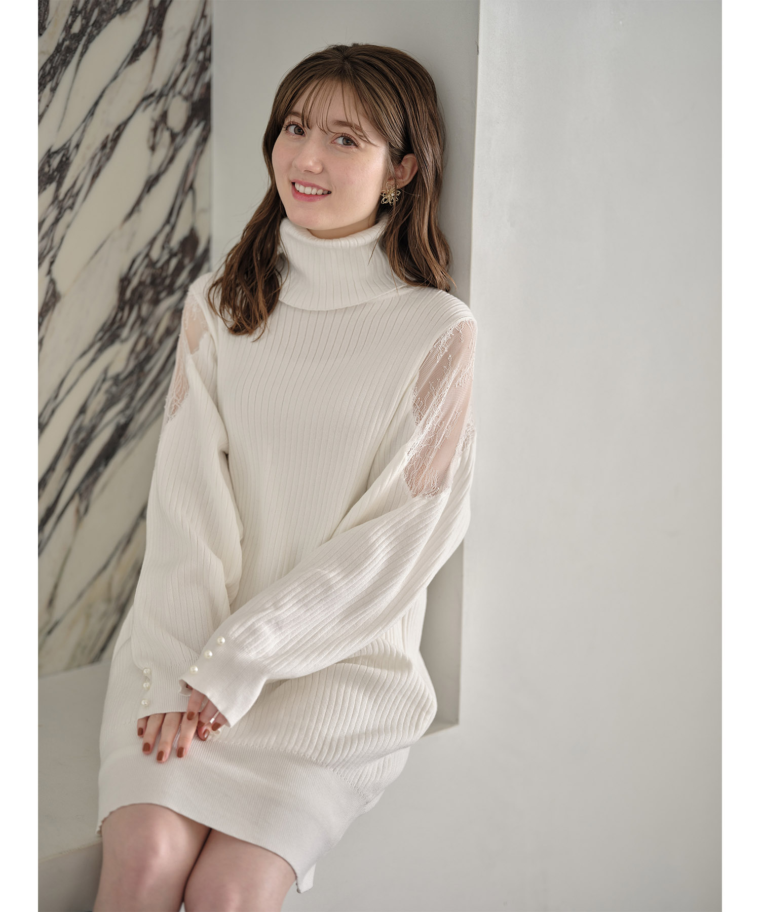 【楽天市場】袖口パール付きレース切り替えタートルネックニットワンピース【floze フローゼ】tocco closet(トッコクローゼット ...