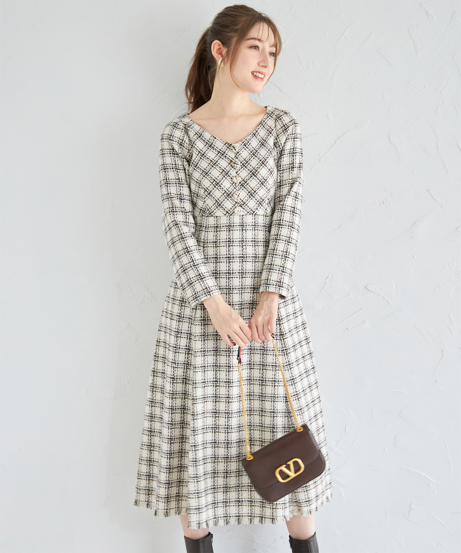 【楽天市場】バックレースアップチェックツイードワンピース【medary メダリー】tocco closet(トッコクローゼット) アイボリー ...