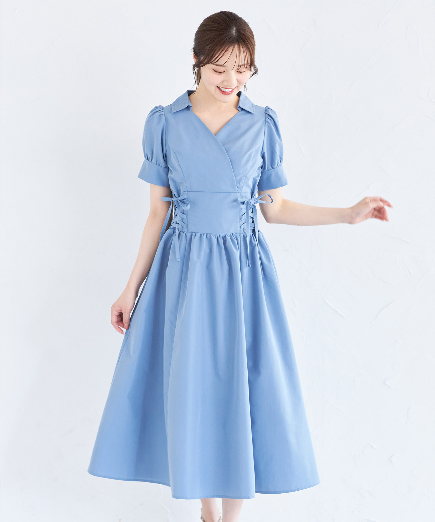 【楽天市場】ウエストレースアップカシュクールワンピース【sallowe サロウィ】tocco closet(トッコクローゼット) ブルー ...