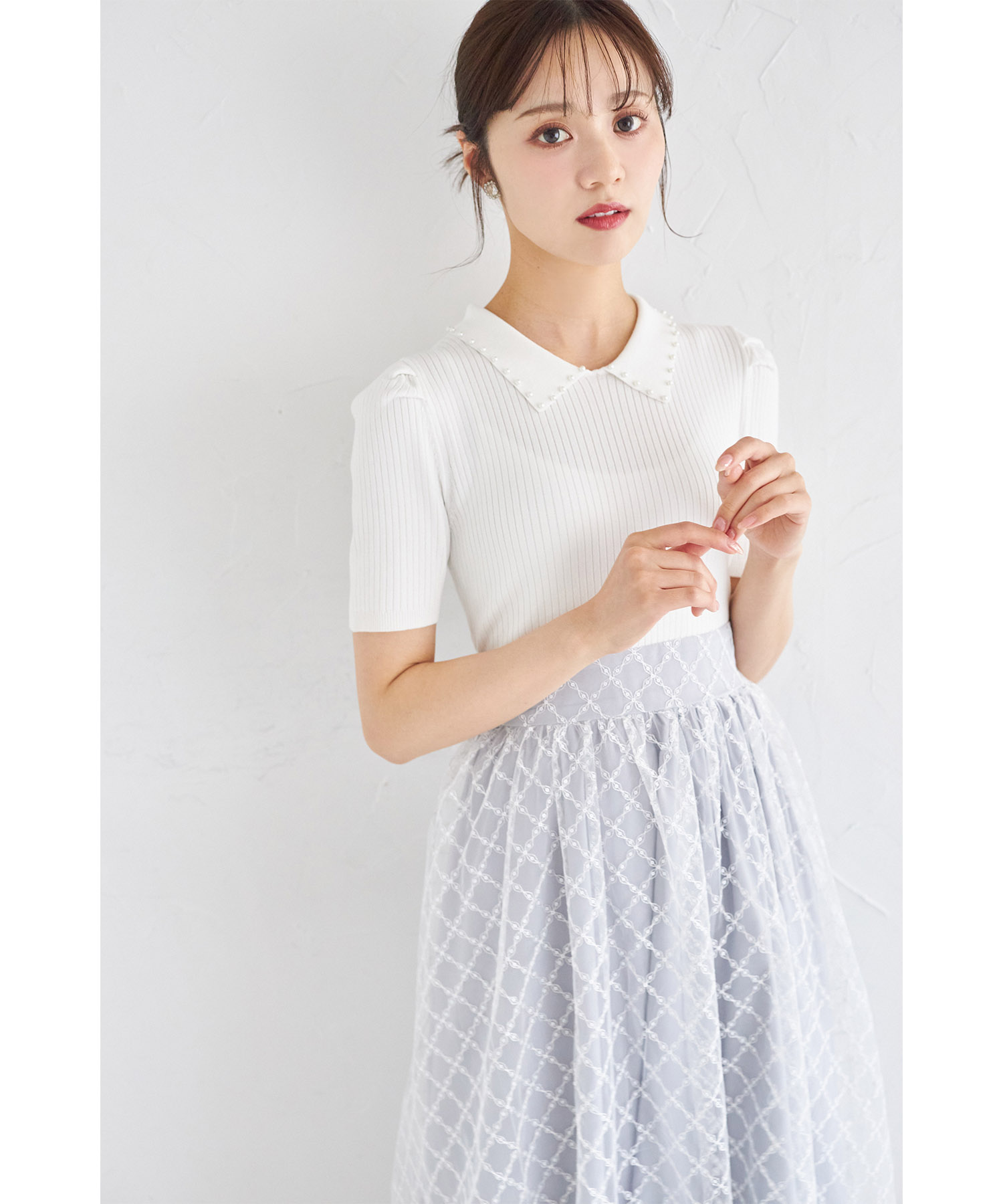 【楽天市場】パール襟付きリブニット×チュールレースドッキングワンピース【fazine ファジン】tocco closet(トッコクローゼット ...