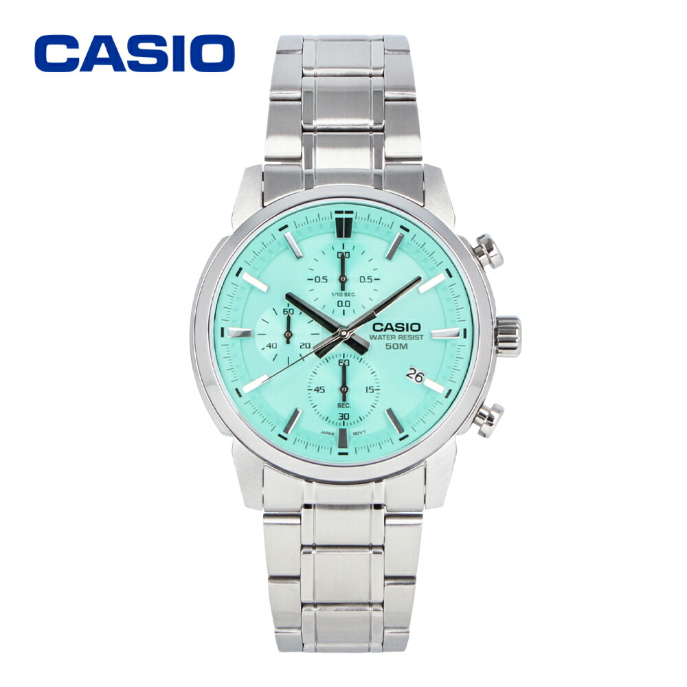 【楽天市場】CASIO カシオ カシオスタンダード チープカシオ チプカシ腕時計 時計 メンズ クオーツ アナログ クロノグラフ ステンレス メタル シルバー ミントブルー MTP-E510D ...