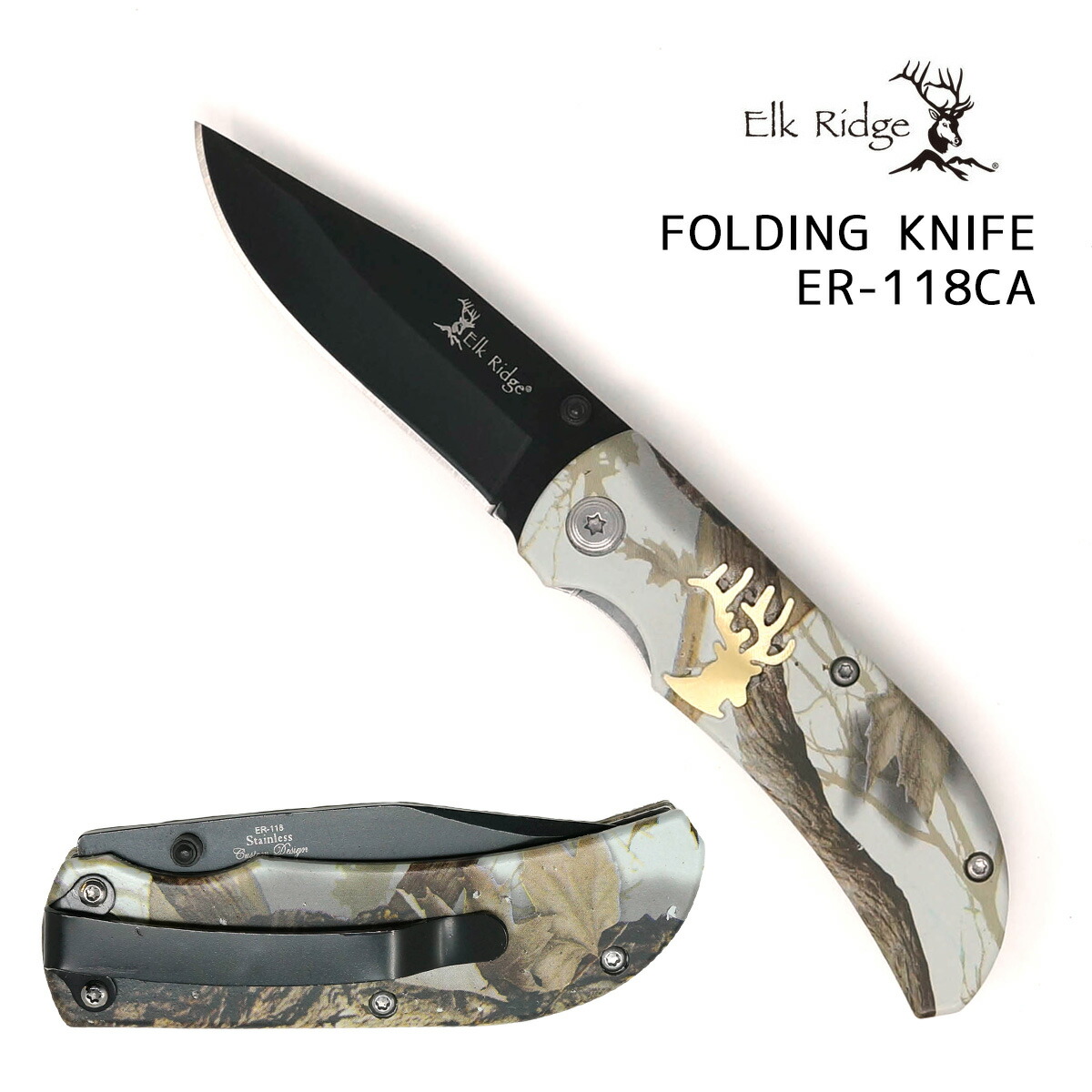 【楽天市場】ポイントアップ中！ ELKRIDGE 小型 アウトドア ナイフ 刃長63mm 折りたたみ フォールディング ウッドカモ+ゴールド ...