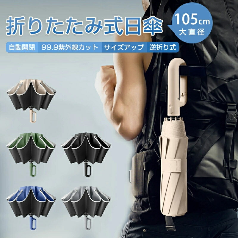 【楽天市場】【初レビュー超特典!】日傘 折りたたみ 完全遮光 自動開閉 折りたたみ傘 晴雨兼用 逆折り式 直径125cm/105cm サイズアップ 自動開閉 10本骨 リングバックル付き ...