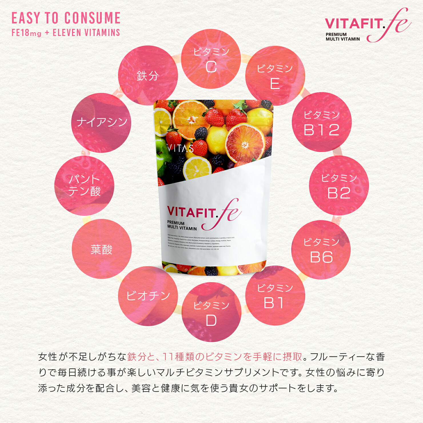 マルチビタミン 鉄 VITAS VITAFIT 公式 120粒 葉酸 乳酸菌 ビオチン αリポ酸 カルチニン チェスト ベリーエキス サプリ ...