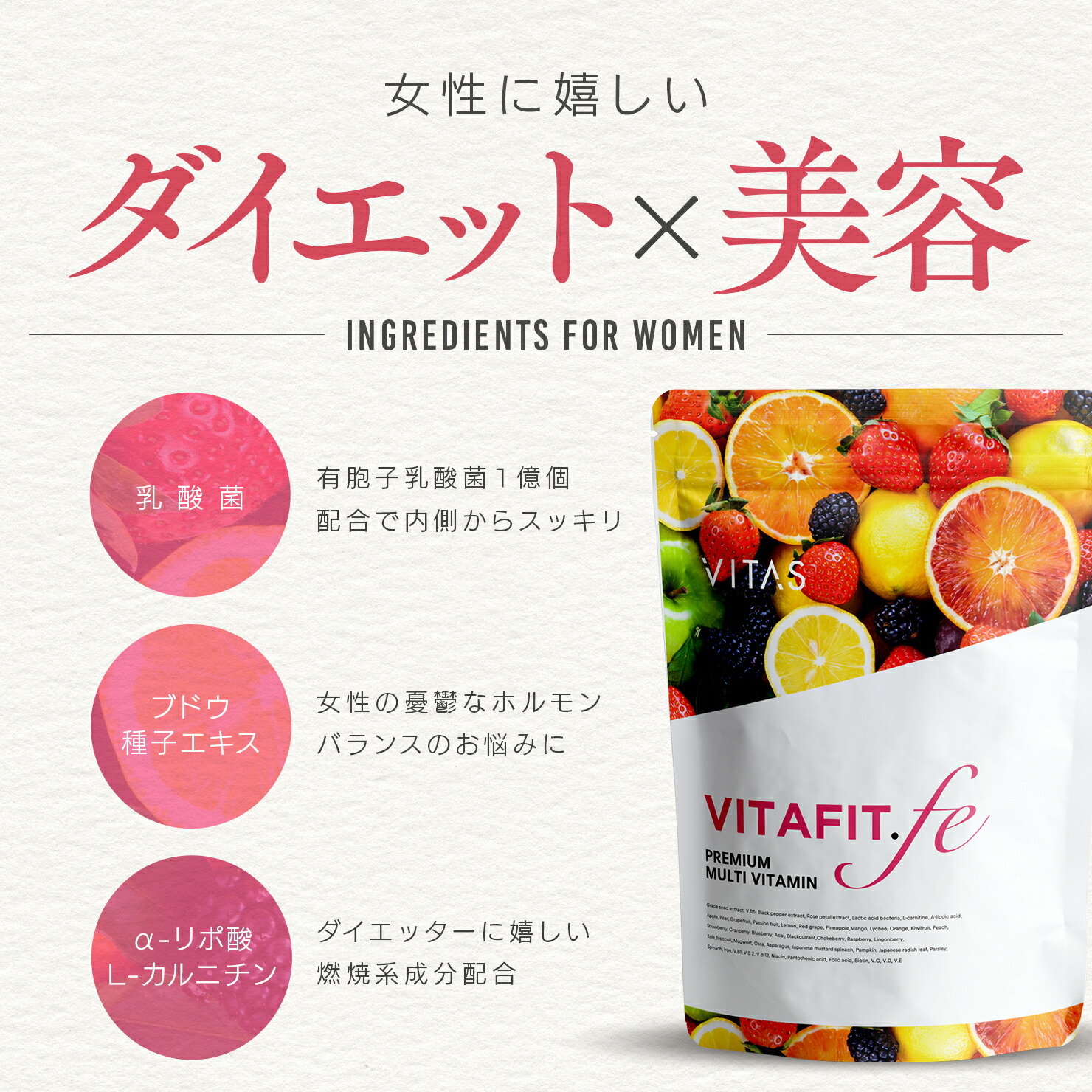 マルチビタミン 鉄 VITAS VITAFIT 公式 120粒 葉酸 乳酸菌 ビオチン αリポ酸 カルチニン チェスト ベリーエキス サプリ ...