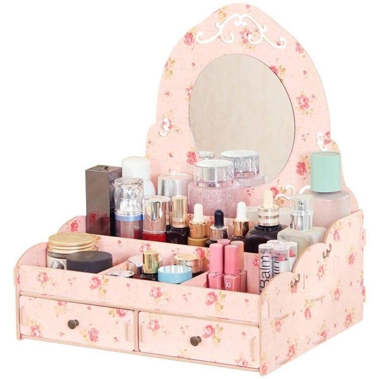 【楽天市場】メイクボックス コスメボックス ミラー 化粧鏡付き 化粧品収納ケース 卓上マルチ収納 小物入れ 引き出し ラック Anberotta J74 (ピンク/ブラウン)：トレジパ