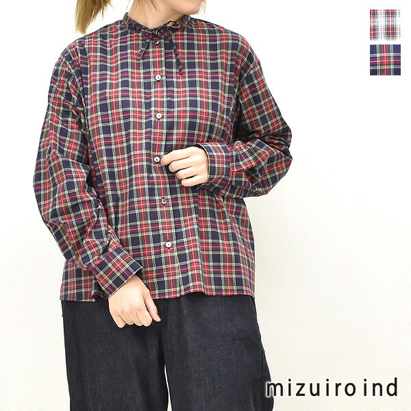 【楽天市場】mizuiro ind ミズイロインド チェックリボンタイシャツ 4-230053 レディース【ホワイト/ネイビー/チェック柄 ...