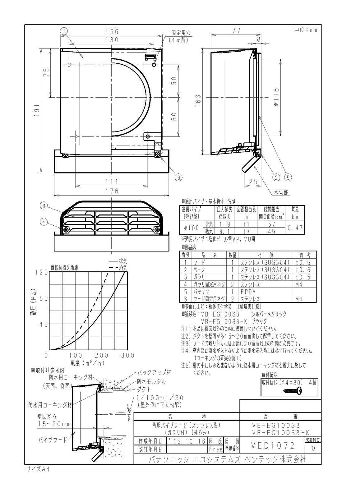 【楽天市場】VB-EG100S3ステンレス製 ピタンコフード(着脱ガラリ)外挿式仕様(寒冷地推奨) 呼び径φ100パナソニック エコシステムズ ベンテック ダクト用エクステリア部材(角形 ...