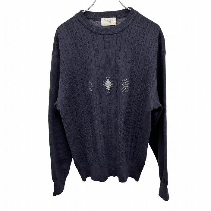 【楽天市場】【中古】シンプルライフ SIMPLE LIFE ケーブルニット セーター アーガイル 長袖 ロングスリーブ 丸首 ウール100% M ネイビー 紺 メンズ：Undo Rowa 楽天市場店