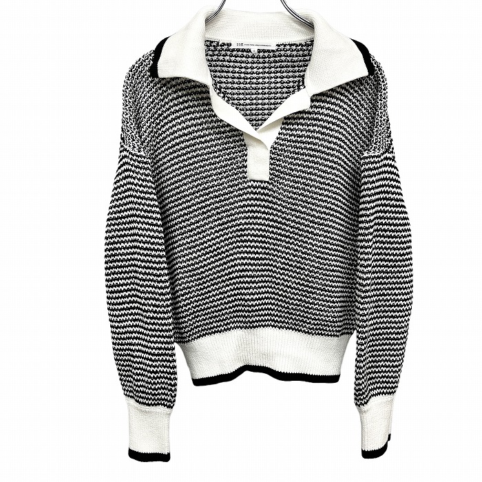 【楽天市場】【中古】23区 ポロニット ショート丈 セーター 開襟 オープンカラー 長袖 綿100% コットン100% 38(B81-85/T158-164) ブラック 黒×白 レディース ...