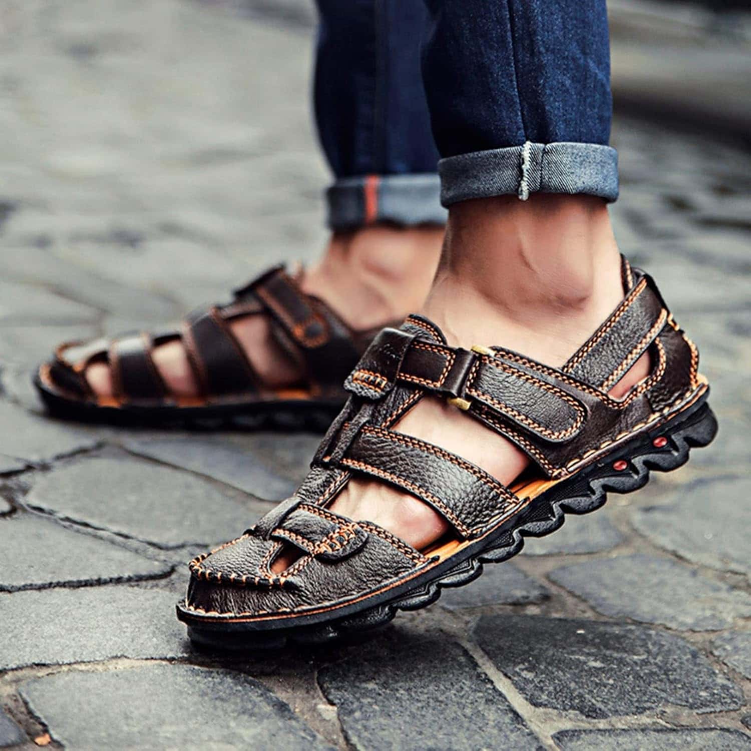 【楽天市場】大きいサイズ レザーサンダル 編みこみ 透かし彫り ベルクロ ビーチサンダル メンズ 本革 フラット つま先有り レトロ 水陸両用 お父さん ソフトボトム デイリー 夏用：UNIIS通販