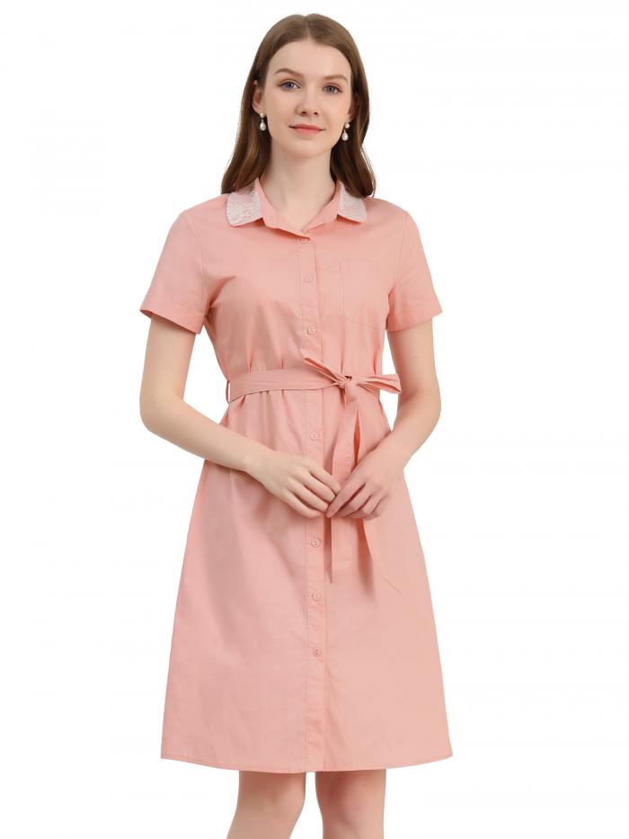 【楽天市場】Allegra K デニムシャツワンピース 襟付き ボタン ベルト付き 半袖 レディース ピンク S：uxcell japan