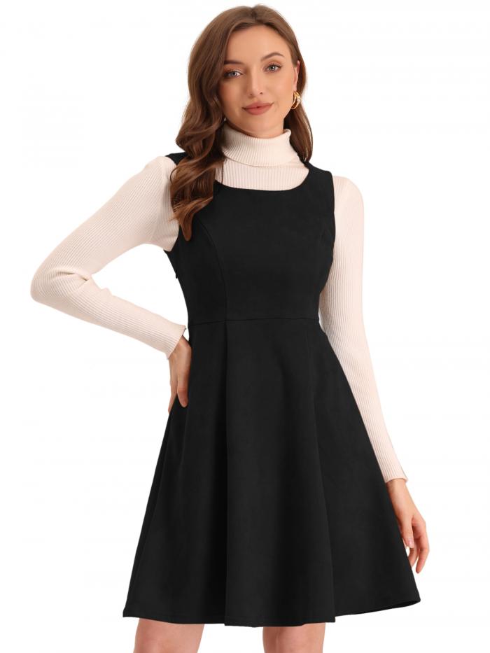 【楽天市場】Allegra K ノースリーブワンピース オーバーオールドレス Aライン プリーツドレス フェイクスエード ラウンドネック ...