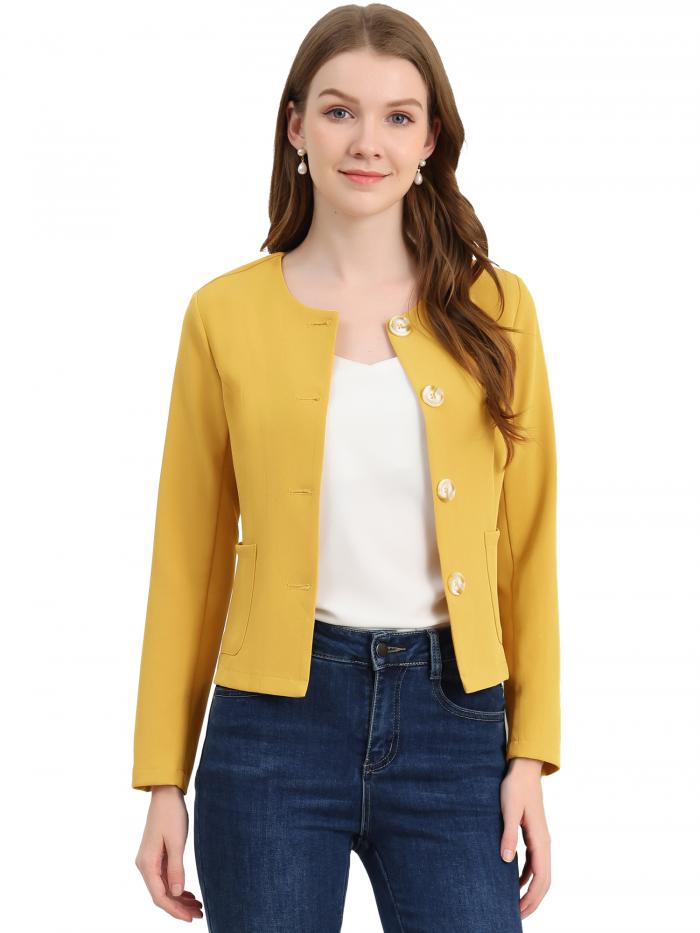 【楽天市場】Allegra K ノーカラージャケット ブレザー オフィス 事務服 前ボタン エレガント レディース イエロー XS ...