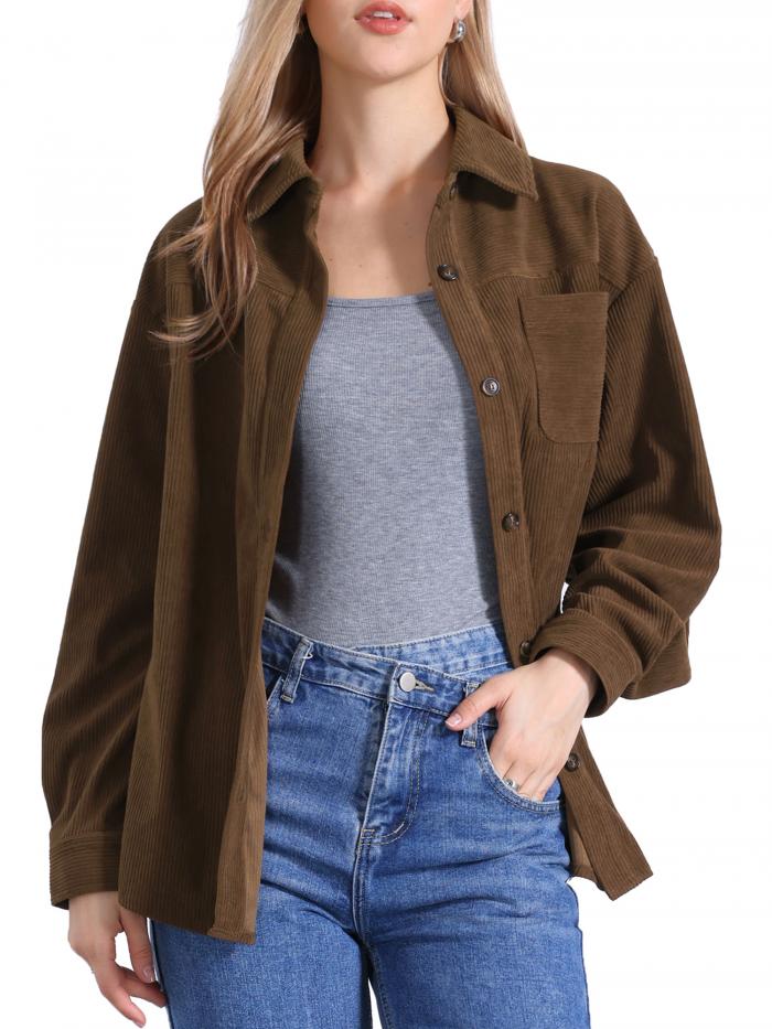 【楽天市場】Allegra K レディース コーデュロイジャケット 薄手 ボタンアップ Vネック ブラウス 秋冬 ゆったりシャツ ブラウン S ...