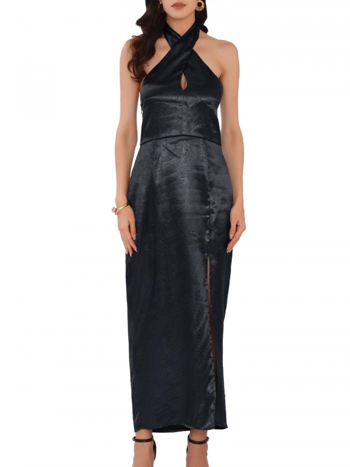 【楽天市場】WOMLAYOUT レディース バックレスドレス スプリットサテン フローラル ホルター ディープVネック パーティー マキシ ...