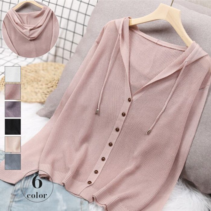 【楽天市場】カーディガン フード付きカーディガン ニット 薄手 ボタン 羽織り UVカット 紫外線対策 エアコン対策 無地 長袖 春 夏 フェミニン カジュアル トップス：Vilman