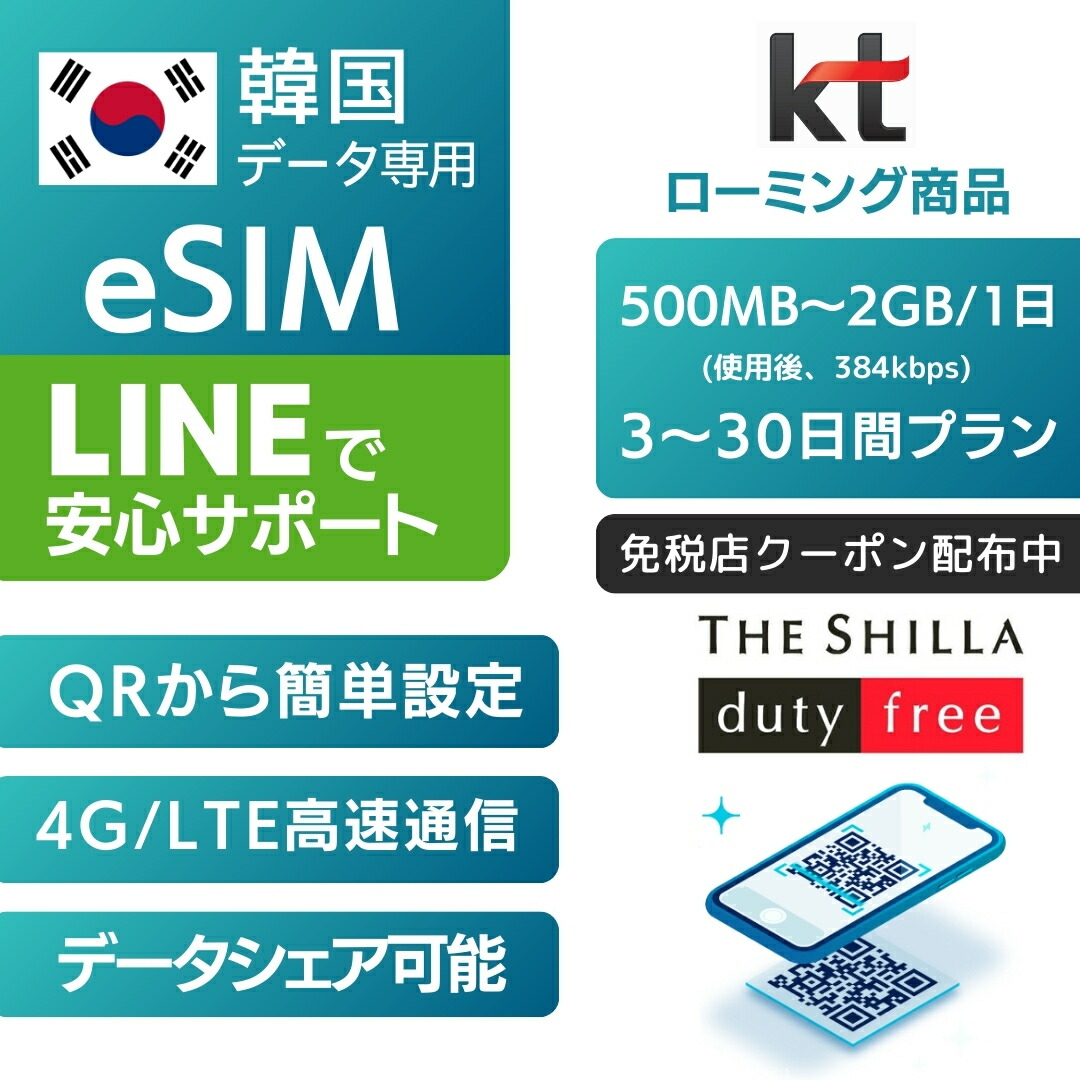 【楽天市場】【免税店クーポン 配布中】韓国 eSIM KT 回線利用 3日間 5日間 7日間 10日間 15日間 30日間 プラン【毎日 500MB 1GB 2GB 使用後 384kbps ...