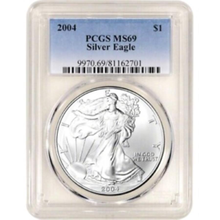 【楽天市場】2004 $ 1アメリカンシルバーイーグルドル1オンス.999 PCGS MS69未循環グレードスラブ 2004 $1 American Silver Eagle Dollar ...