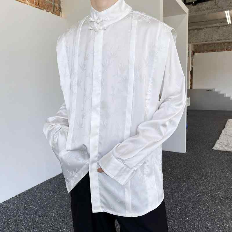 【楽天市場】メンズ チャイナ シャツ 春秋 サテン ジャカード 長袖 スタンドカラー ゆったり おしゃれ 上品 ボタン付き 白 黒 シンプル ...