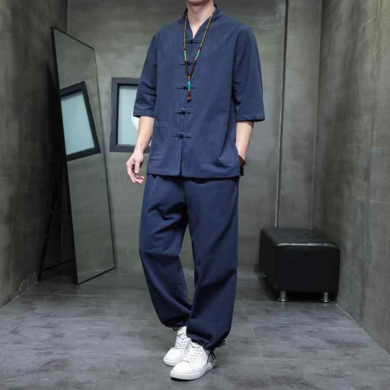 【楽天市場】チャイナ風 メンズ ファッション コットンリネン スーツ シャツ トップス パンツ ズボン 無地 シンプル レトロ 五分袖 ...