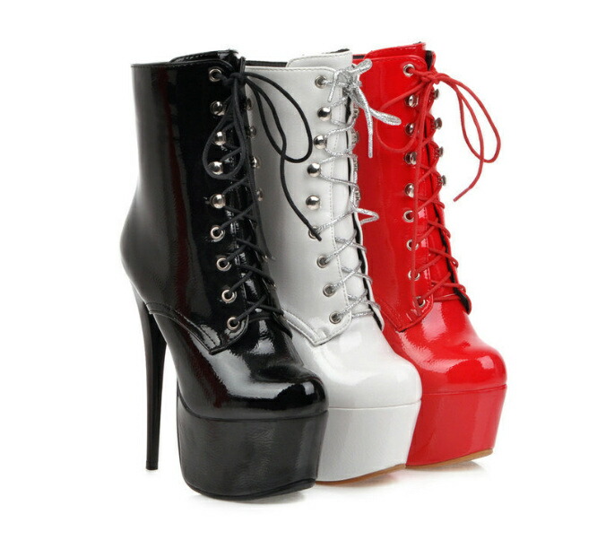 【楽天市場】エナメルブーツ レディース ショートブーツ 編み上げ 15.5cm ハイヒール 大きいサイズ 小さいサイズ レースアップ 厚底 ...