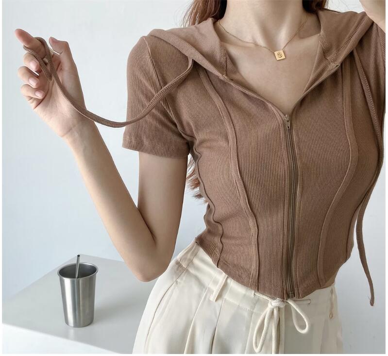 【楽天市場】半袖 パーカー レディース ジップパーカー 春夏 半袖 前開き ジップアップ アウター カットソー トップス へそ出し ショート丈 ...