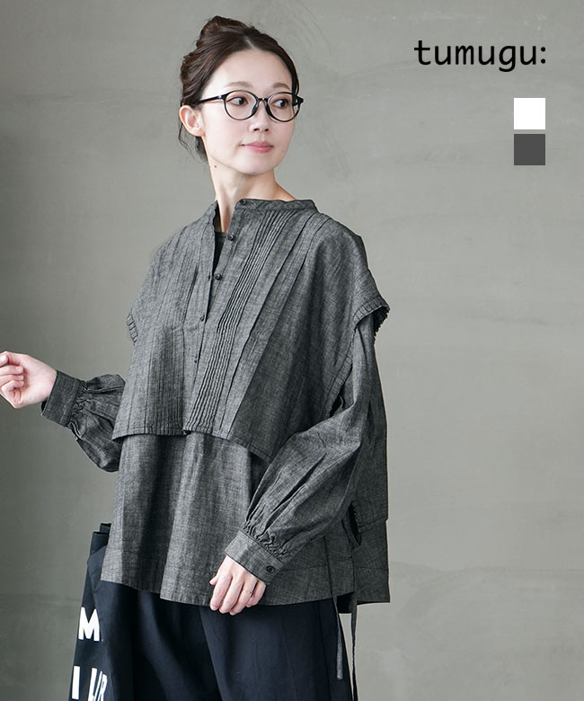 【楽天市場】[TB24316]tumugu(ツムグ) 5ozコットンリネンスラブデニム ベスト付プルオーバー ブラウス レディース：WOODY HOUSE／ウッディーハウス