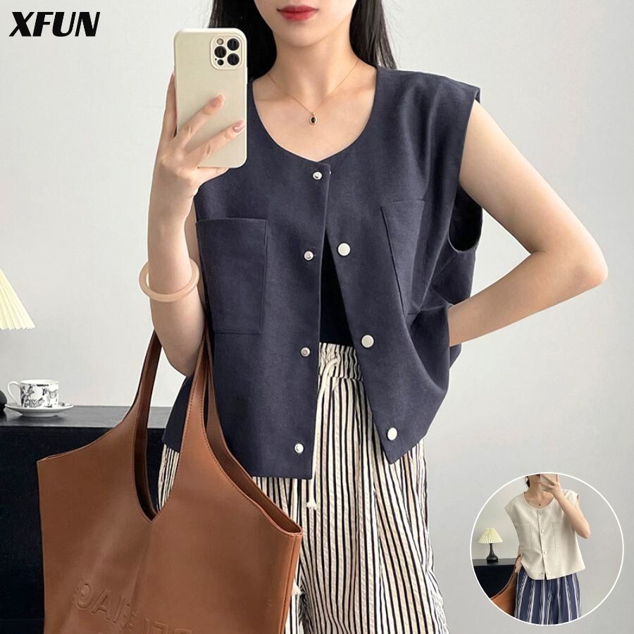 【楽天市場】ベスト 夏 スナップボタン カジュアル ボタン付き 重ね着 体型カバー トップス レディース 前開き 無地 ネイビー ベージュ 麻 レーヨン 涼しい スナップボタン：XFun