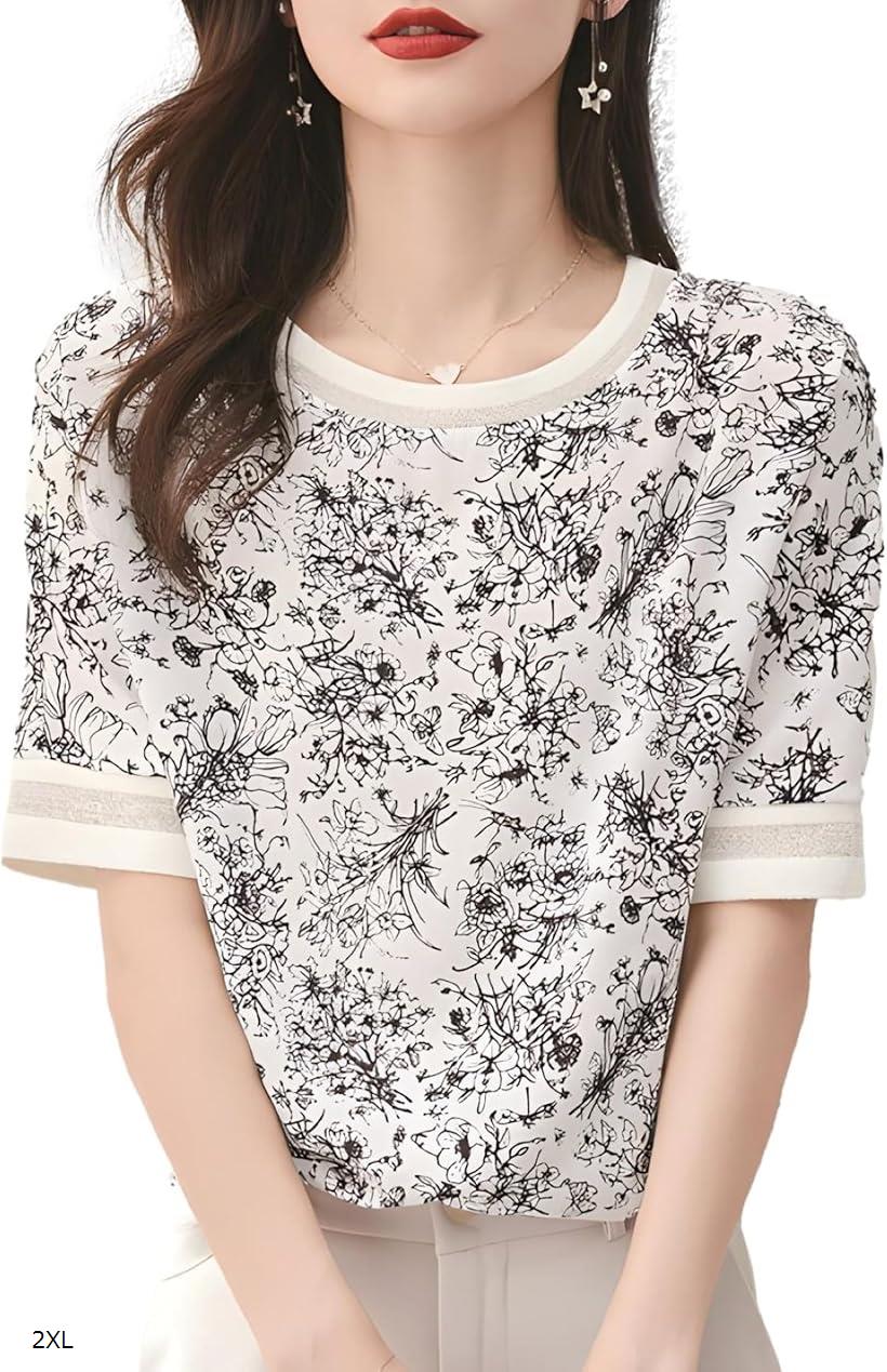 【楽天市場】ボタニカル柄Tシャツ 五分袖 シフォンブラウス 花柄 リブ袖 モノトーン オフィスカジュアル レディース JS83(2XL)：スピード発送 Reapri（リアプリ）
