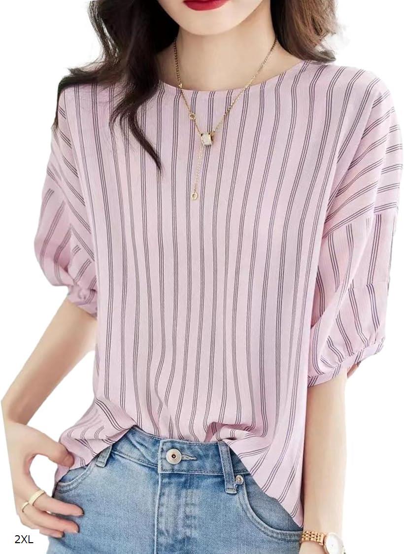 【楽天市場】ブラウス レディース ストライプ柄 ボリューム袖 5分袖 ラウンドネック プルオーバー ゆったり BB029(ピンク, 2XL)：スピード発送 Reapri（リアプリ）