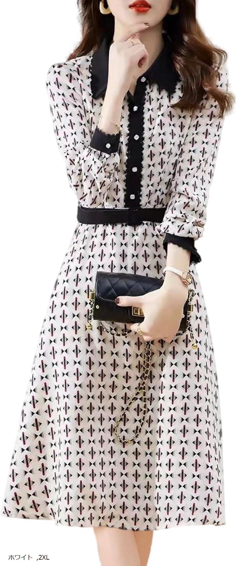 【楽天市場】ワンピース モダン柄 Aライン きれいめ 長袖 膝下丈 レディース(ホワイト, 2XL)：スピード発送 Reapri（リアプリ）