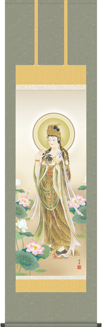 【楽天市場】掛軸 掛け軸 蓮上観音 小川伯堂 尺五立 約横54.5×縦190cm【送料無料】g7486 KZ5E1-K125 仏画 法事 法要 供養 仏事 仏間 初盆 追善供養 お盆 彼岸 お ...