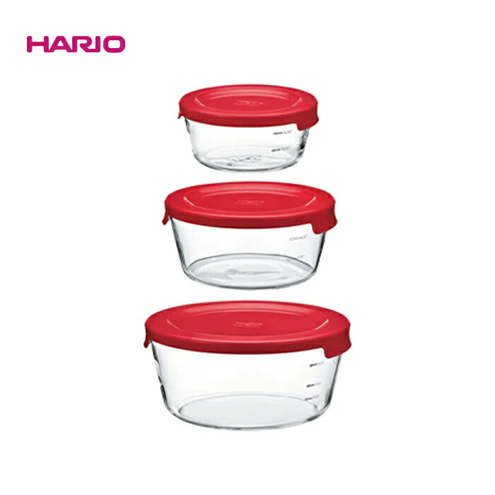 【楽天市場】HARIO(ハリオ)耐熱ガラス製保存容器丸3個セット レッド MST-3018-R：夢陶房