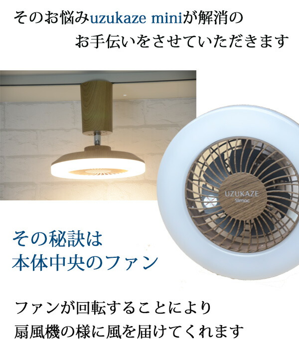 【楽天市場】工具不要、カチッとひねるだけの簡単取り付け。『小型LEDシーリングファン UZUKAZEmini電球色』(軽量/照明/シーリングライト/調光/空気/循環/サーキュレーター/おしゃれ ...