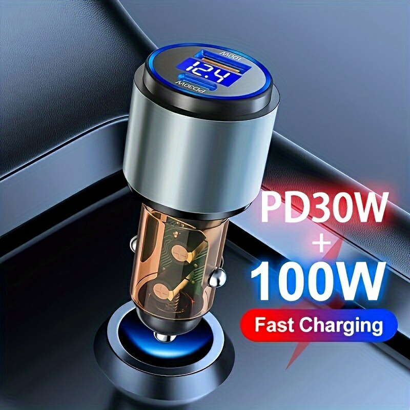 【楽天市場】100W+PD30W カーチャージャー 超高速充電 透明カープラグ 雰囲気ライト LED デジタルディスプレイ USB カープラグ 合金コンバータ：Terapower