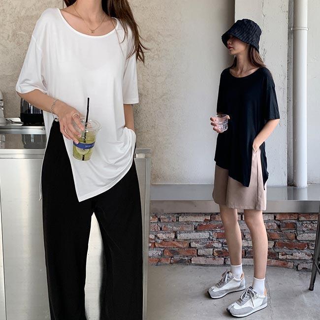 【楽天市場】Tシャツ ゆったり レディース 半袖Tシャツ ラウンドネック カットソー 無地 サマーTシャツ スリット入り 夏Tシャツ 5分丈袖 ゆったりTシャツ：zeroandone