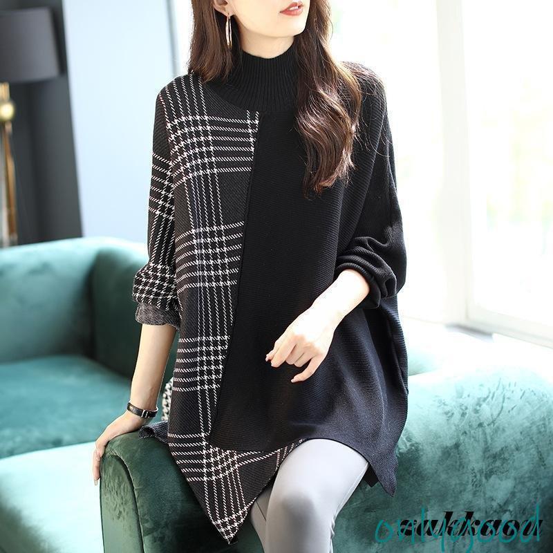 【楽天市場】ニット セーター レディース トップス切り替え 秋 冬30代40代 長袖 チェック ハイネック アシンメトリー プルオーバー ニットソー 上品通勤：zeroandone