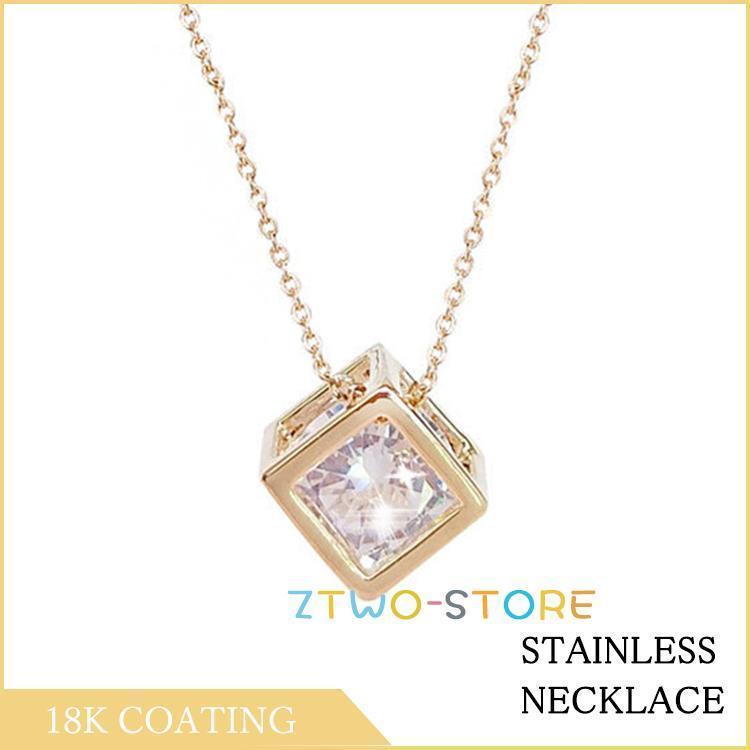 【楽天市場】ネックレス レディース 一粒 キューブ 超大粒 四角 8mm 可愛い ステンレス CZダイヤ 18KGP 女性 誕生日プレゼント お祝い：Ztwo楽天市場店